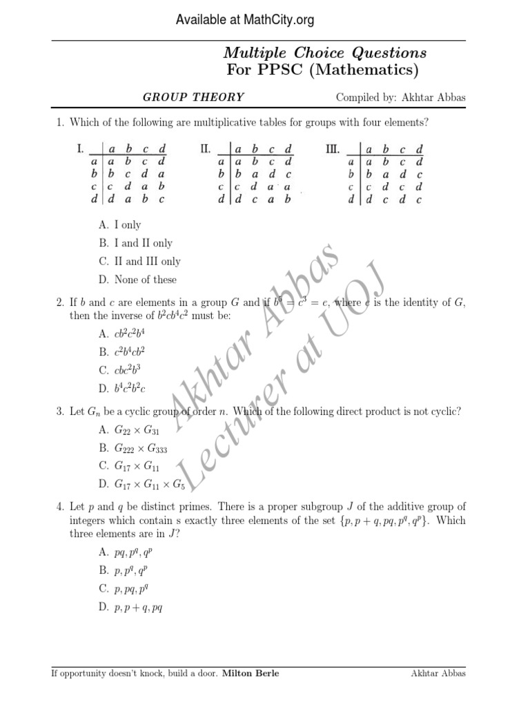 Akhtar Abbas Lecturer at UOJ: Multiple Choice Questions For PPSC (Mathematics) | PDF | Group ...