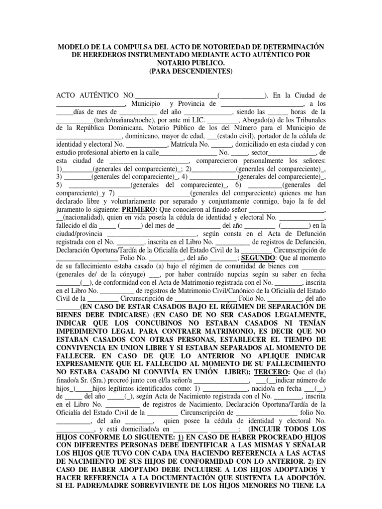 Modelo Compulsa Del Acto de Notoriedad - Solicitud Beneficios Por Sobrevivencia - PENSION O ...