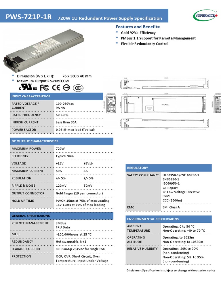 PWS-721P-1R: 720W 1U Redundant Power Supply Specification | PDF ...