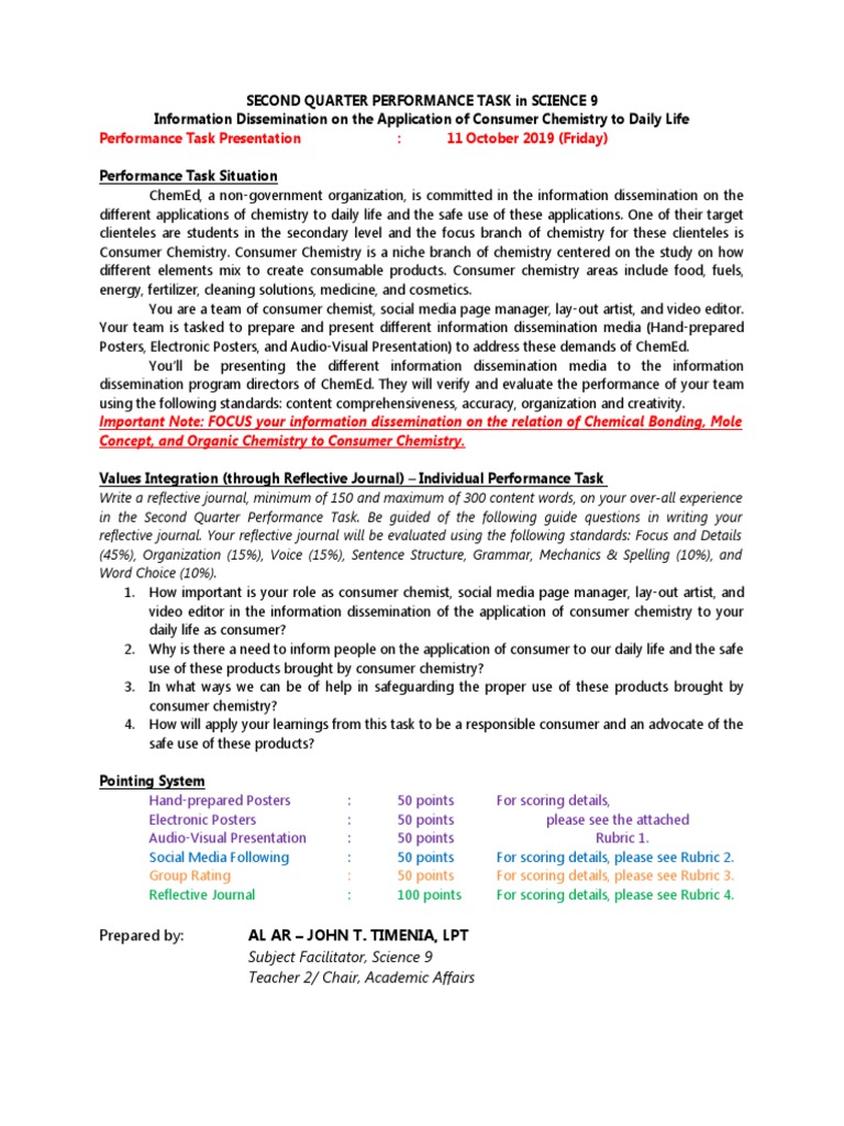 Second Quarter Performance Tasks | PDF | Environmental Chemistry ...