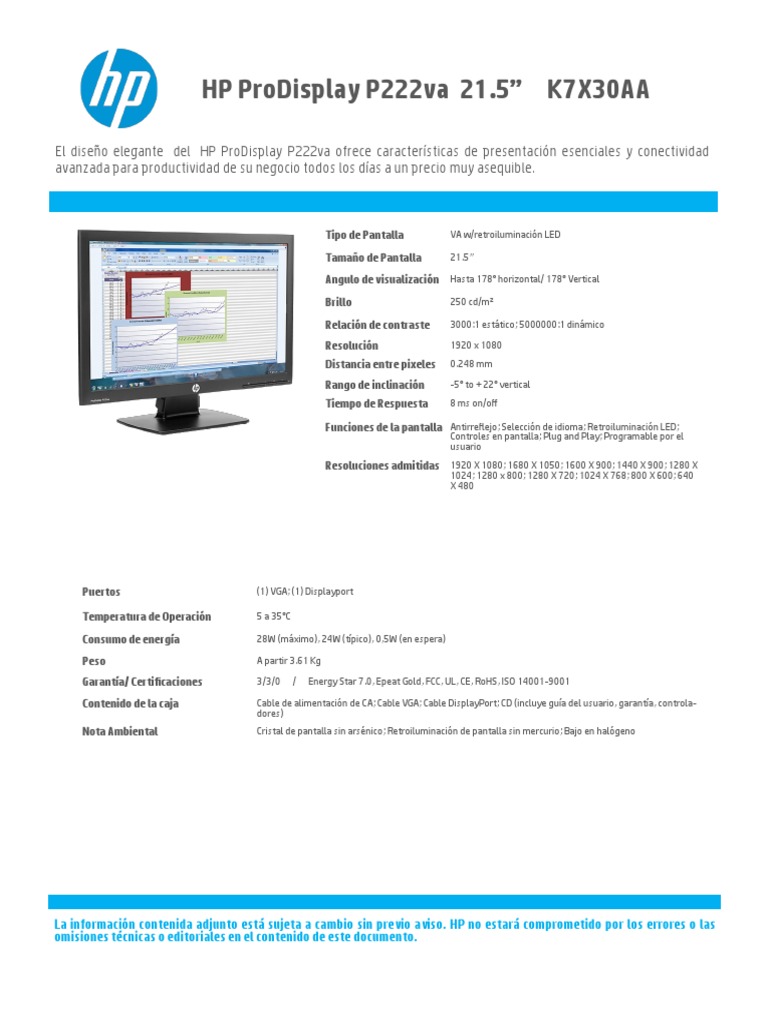 HP ProDisplay P222 21.5 K7X30AA | PDF | Tecnología de cine y video | Vídeo