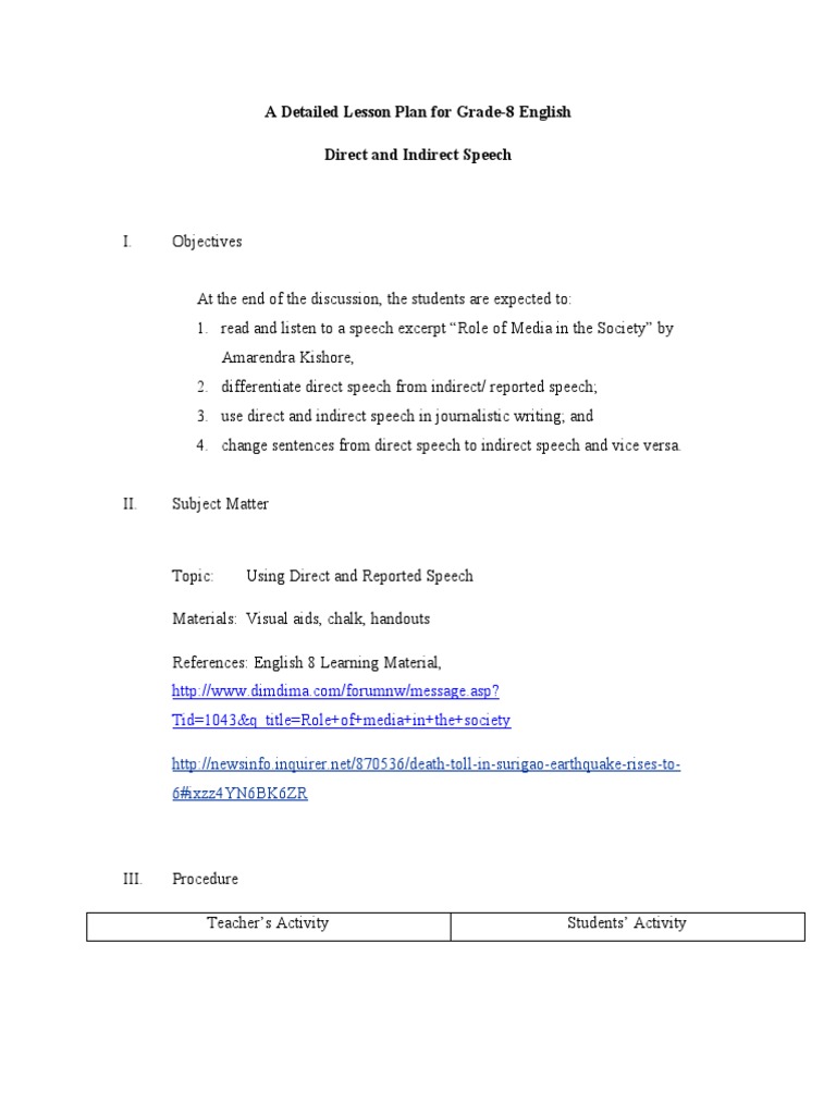 A Detailed Lesson Plan For Grade-8 English Direct and Indirect Speech ...