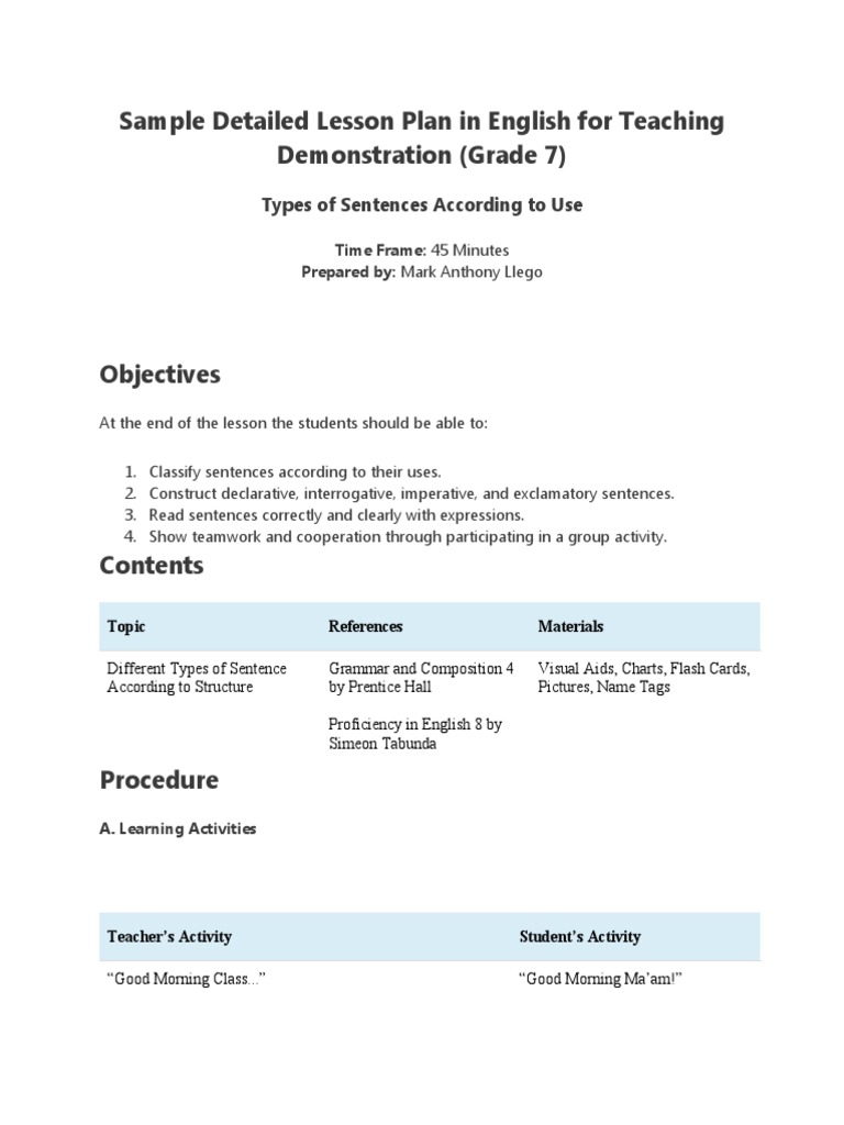Lesson Plan: Types of Sentences for Grade 7 | PDF | Question | Sentence ...