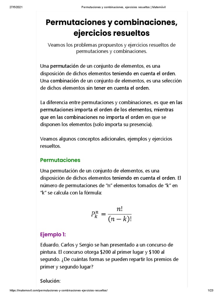 Permutaciones y Combinaciones, Ejercicios Resueltos - Matemóvil | PDF | Permutación | Ajedrez
