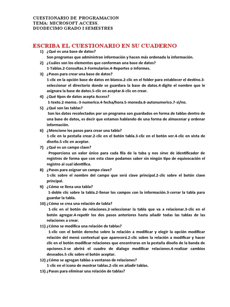 Cuestionario de Programacion Duodecimo Grado I Semestre | PDF | Bases ...