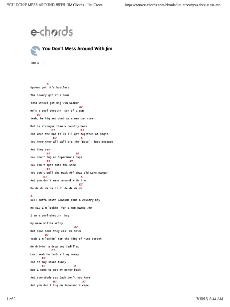 YOU DON'T MESS AROUND WITH JIM Key of A | Download Free PDF | American ...