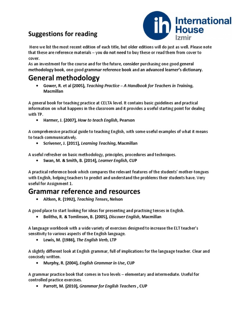 CELTA - Suggested Reading List | PDF | Grammar | Fluency