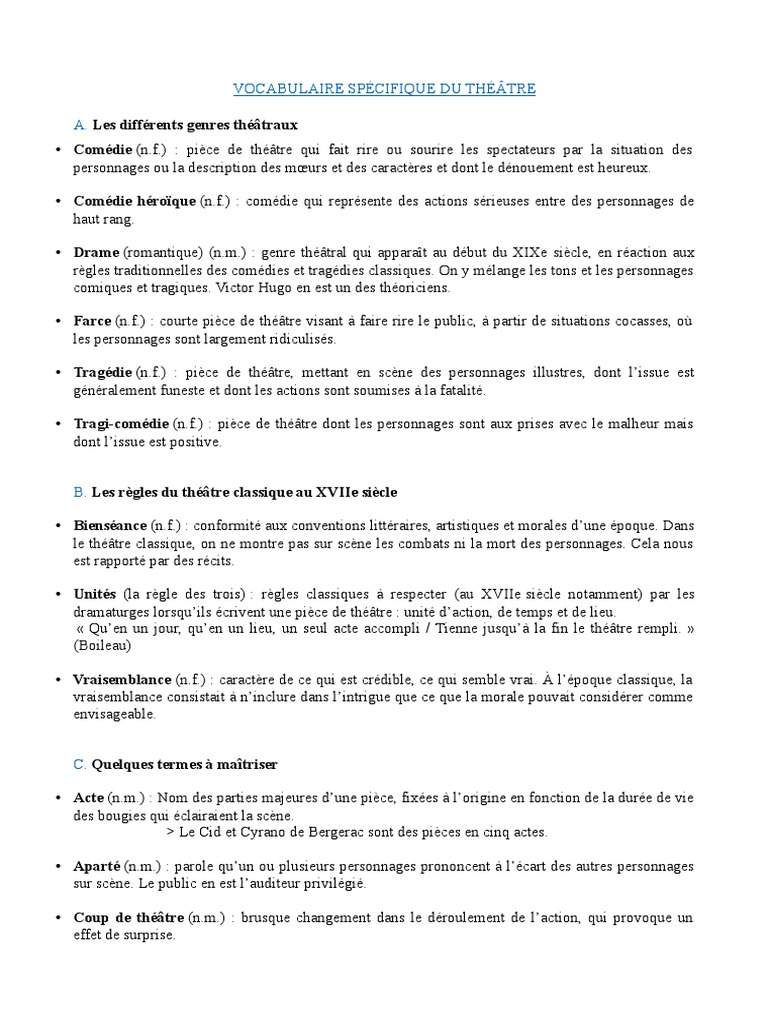 3e Francais Moussu 028 Fiche - Vocabulaire - Theatre | PDF | Comédie ...