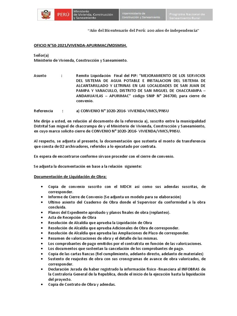 Oficio de Cierre de Convenio | PDF | Residuos | Agua