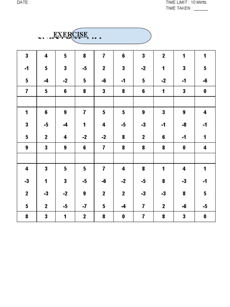 Answersheet (SUBTRACTION Examples Excercise) | PDF | Computers