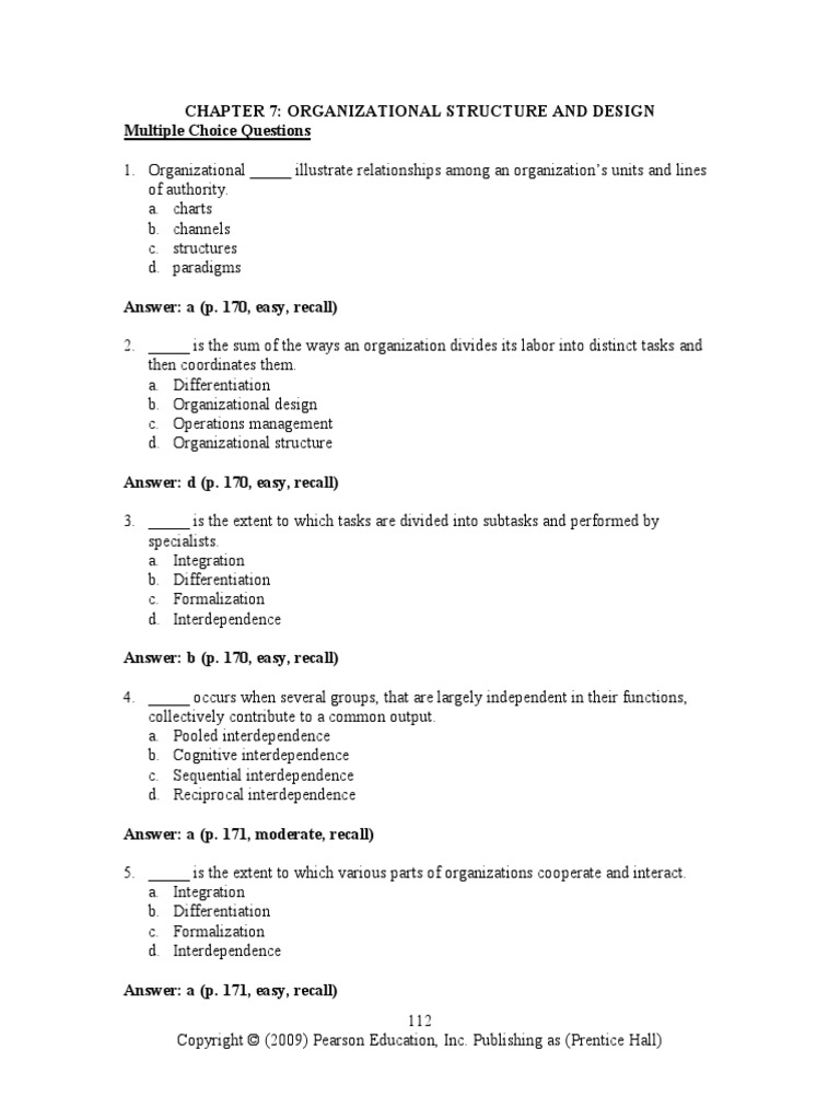 CHAPTER 7 - ORGANIZATIONAL STRUCTURE AND DESIGN Multiple Choice Questions | PDF | Organizational ...