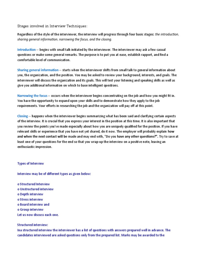 Stages Involved in Interview Techniques | PDF | Interview | Communication