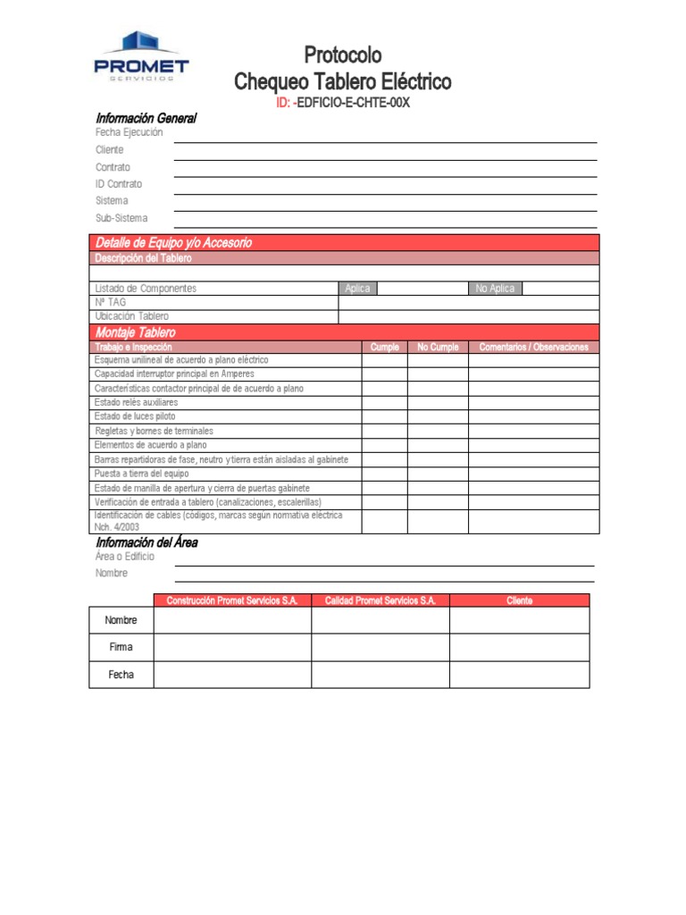 Protocolo Chequeo Tablero Eléctrico REV - 1 | PDF