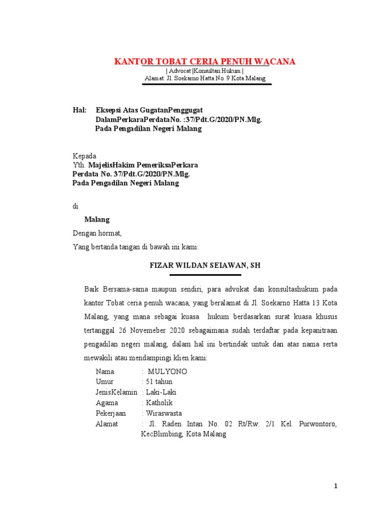 Contoh Eksepsi Perdata | PDF