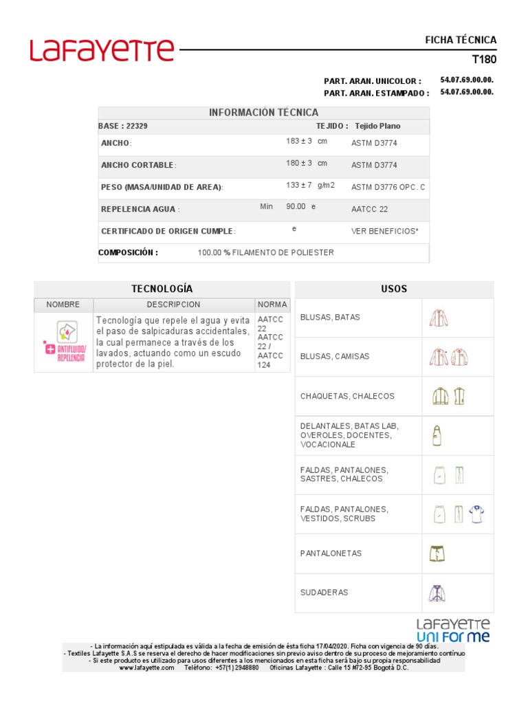 Ficha Tecnica Tela Lafayette Politex t180 | PDF | Textil Y Ropa | Ropa