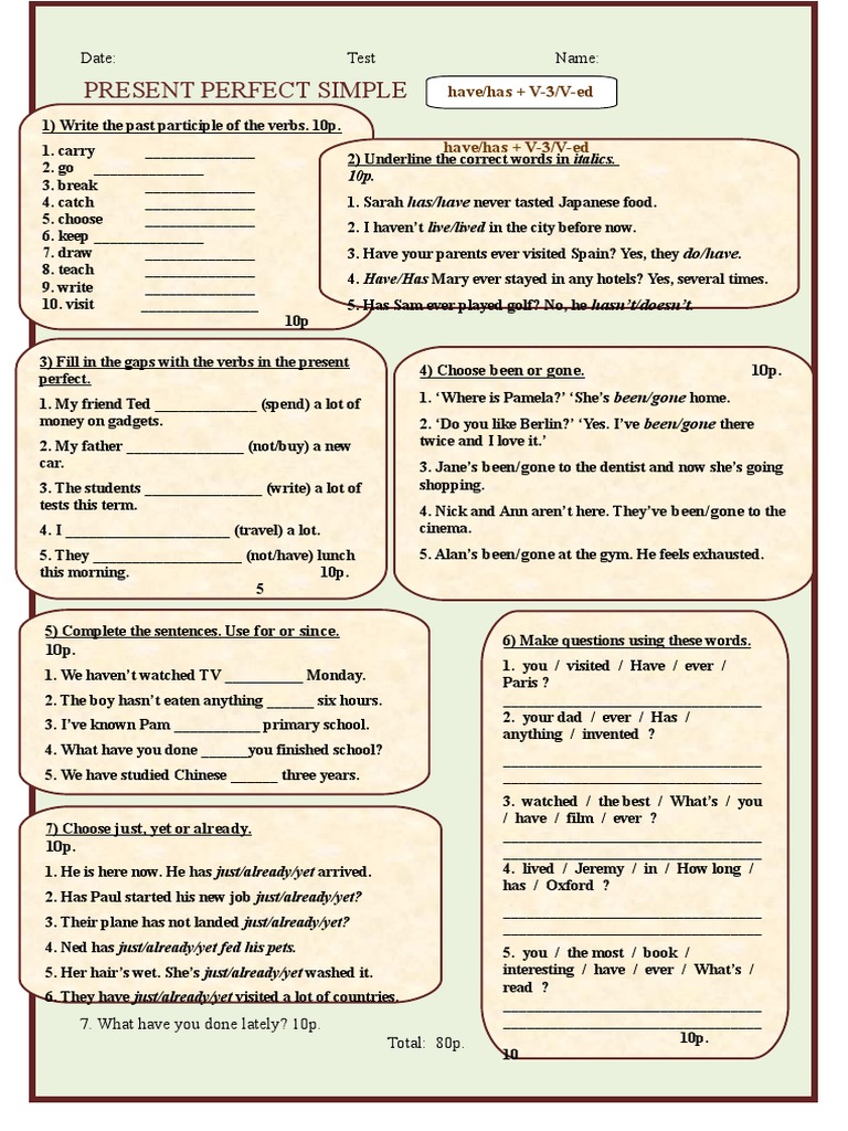 Present Perfect Simple Test Grammar Drills Tests 82633 | PDF ...