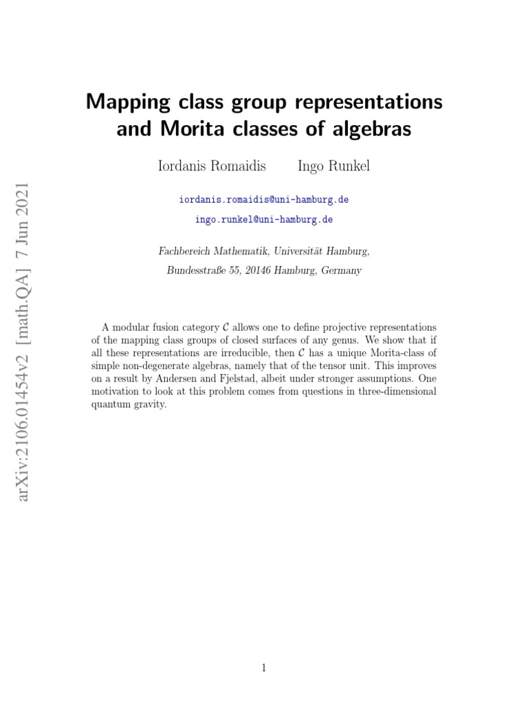 Mapping Class Group Representations and Morita Classes of Algebras ...