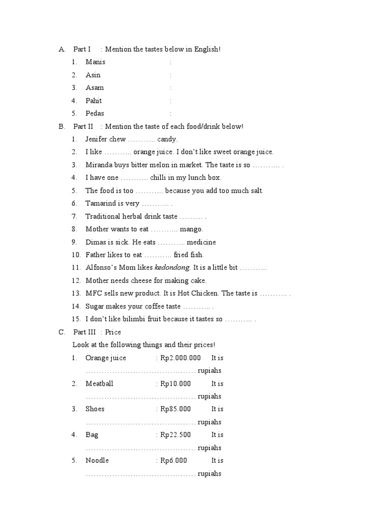 Latihan Soal PTS Semester Ganjil (English Grade V) | PDF | Drink | Taste