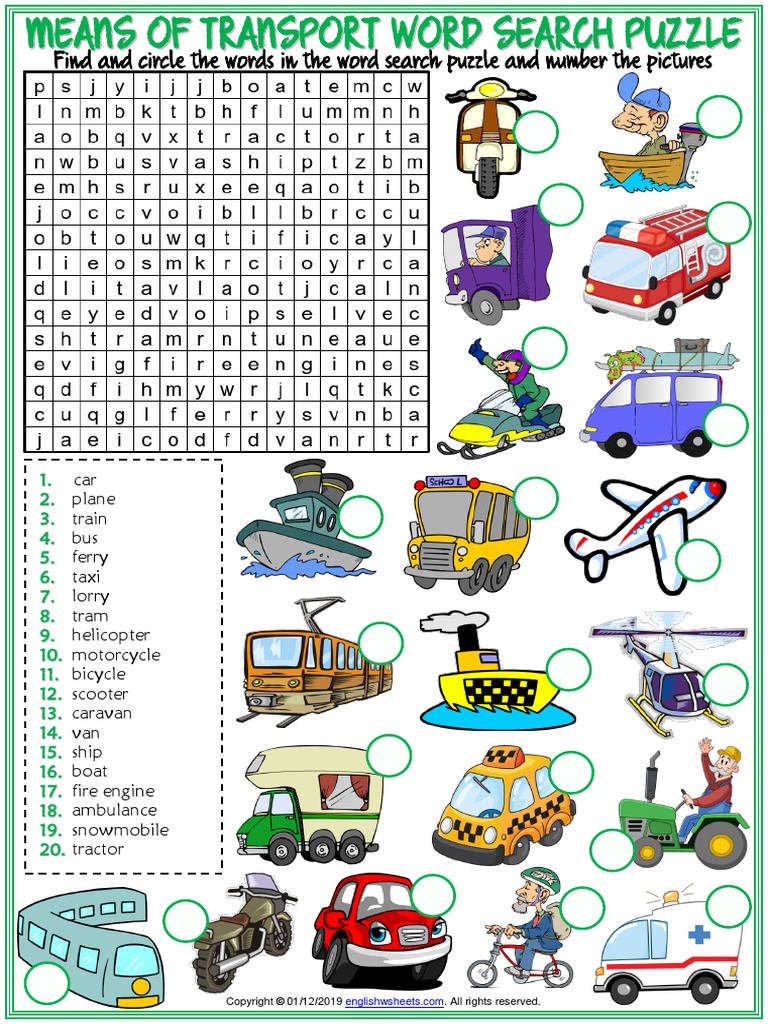 Means of Transport Vocabulary Esl Word Search Puzzle Worksheet For Kids ...
