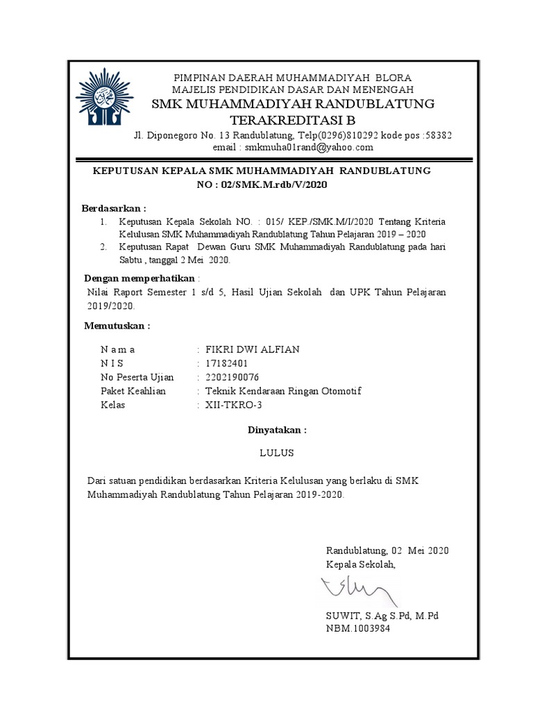 Keputusan Kelulusan SMK Muhammadiyah 2020 | PDF