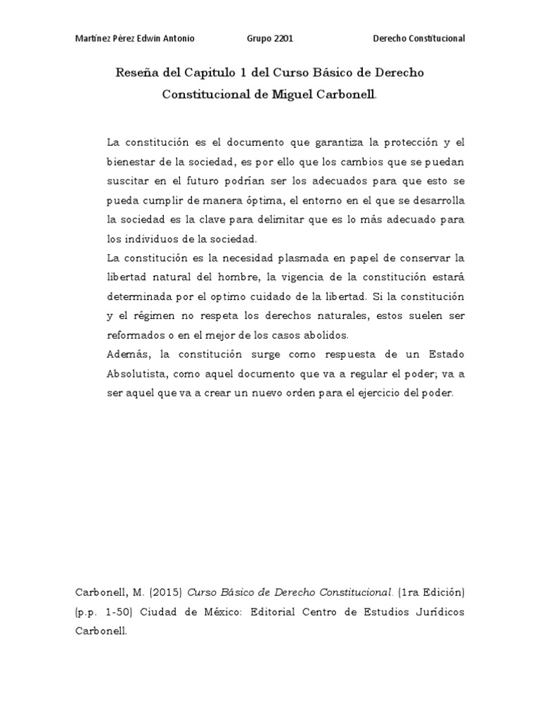 Reseña Del Capitulo Uno Del Libro de Derecho Constitucional Miguel Carbonell | PDF