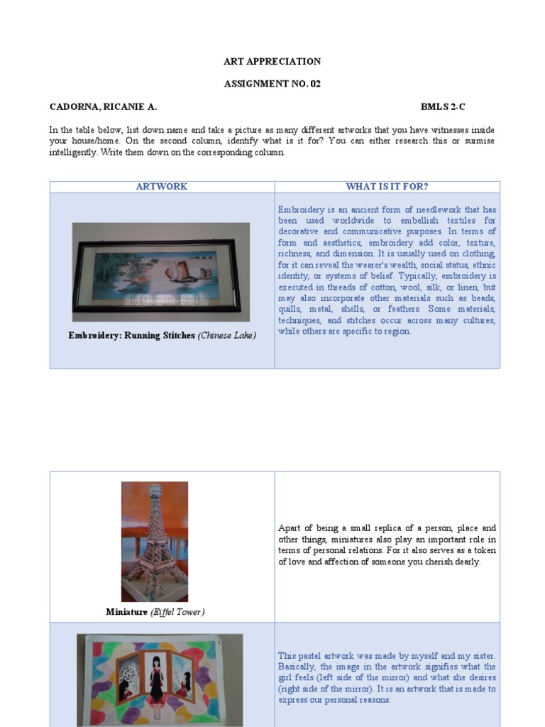 Art Appreciation Assignment No. 02 Cadorna, Ricanie A. Bmls 2-C | Download Free PDF | Embroidery ...