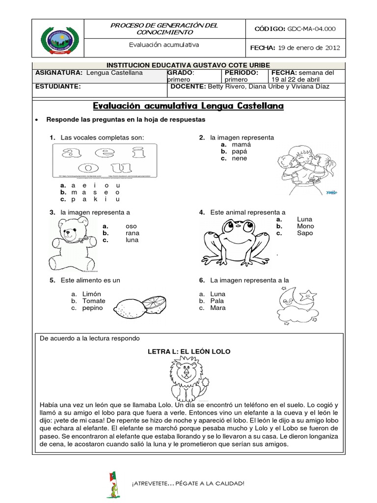 Evaluación Lengua Castellana Primer Grado | PDF
