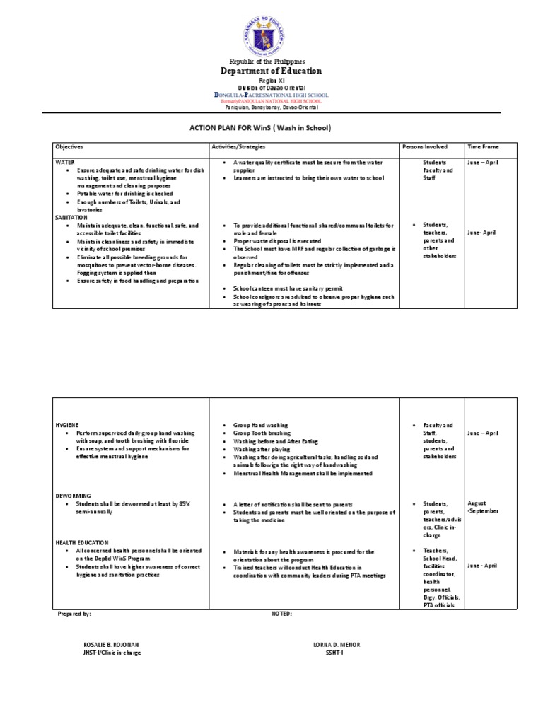 Department of Education: Action Plan For Wins (Wash in School) | PDF ...