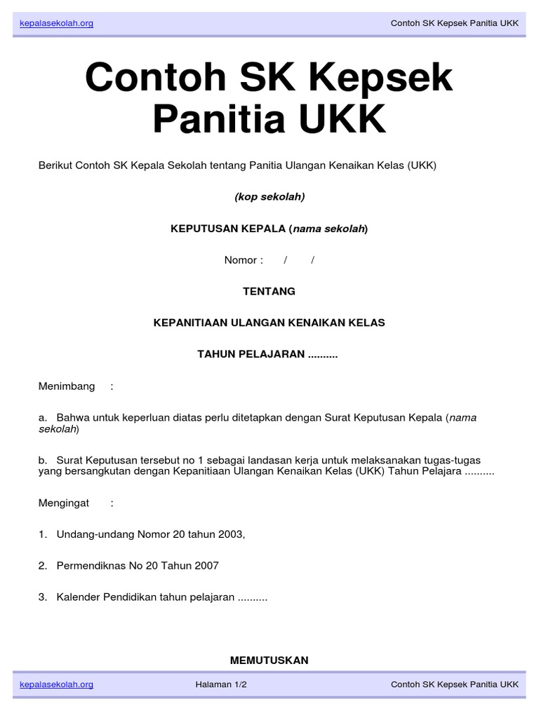 Contoh SK Kepsek Panitia UKK | PDF