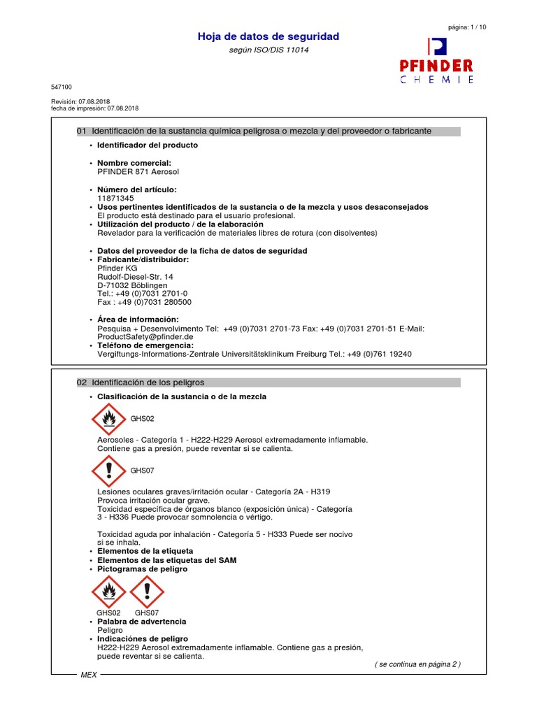 PFINDER 871 Aerosol - V3-1-MEX | PDF | Aerosol | Residuos