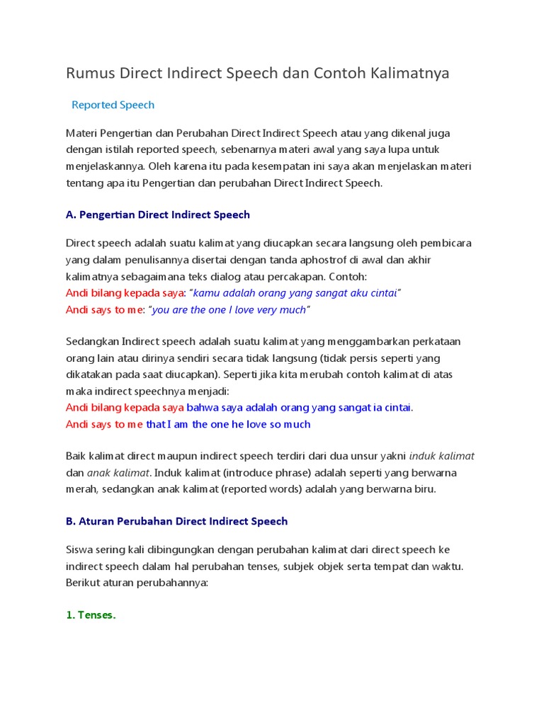 Rumus Direct Indirect Speech Dan Contoh Kalimatnya | PDF