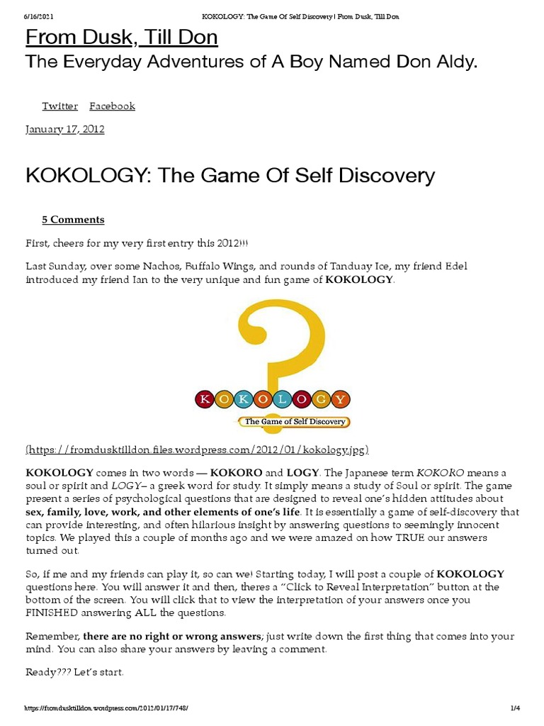 KOKOLOGY - The Game of Self Discovery - From Dusk, Till Don | PDF