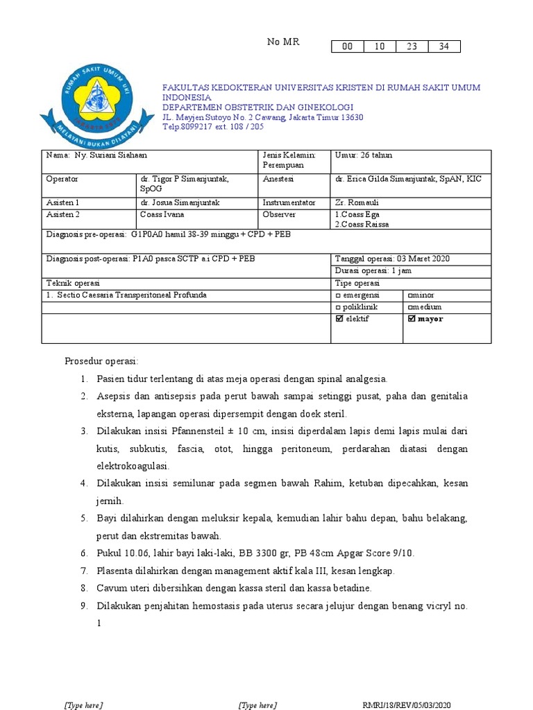 Operasi Sectio Caesaria oleh Dr. Tigor | PDF