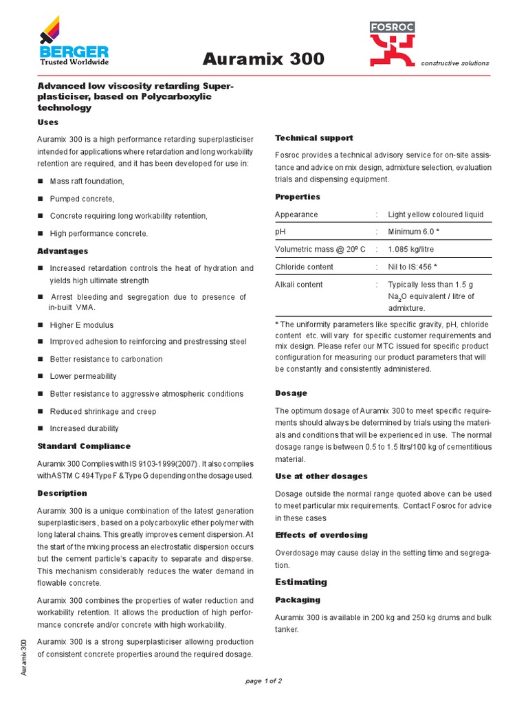 Auramix 300: Advanced Low Viscosity Retarding Super-Plasticiser, Based ...
