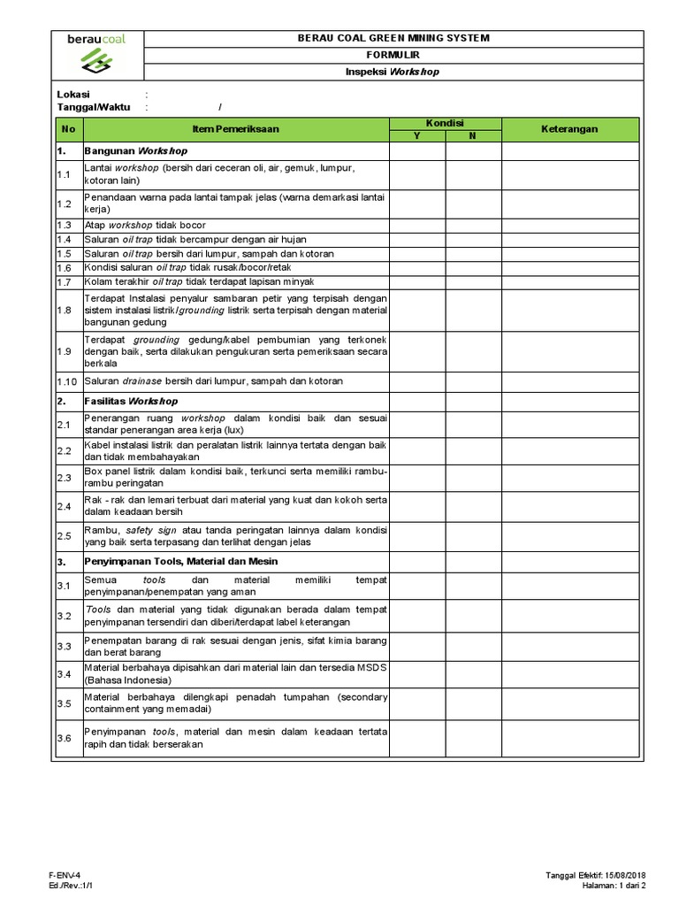 F ENV 04 - Formulir Inspeksi Workshop | PDF