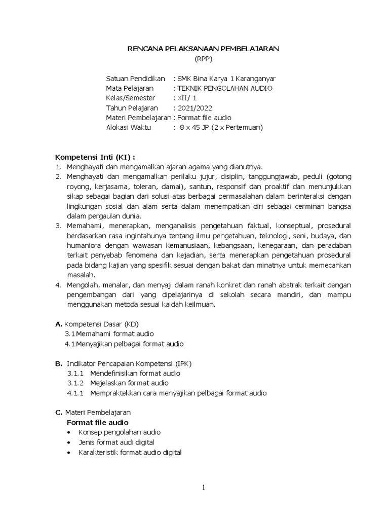 RPP Pengolahan Audio Dan Video XII MM | PDF | Karier & Perkembangan