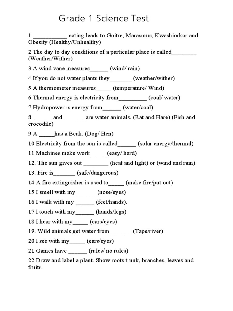 Science Test Grade 1 | PDF