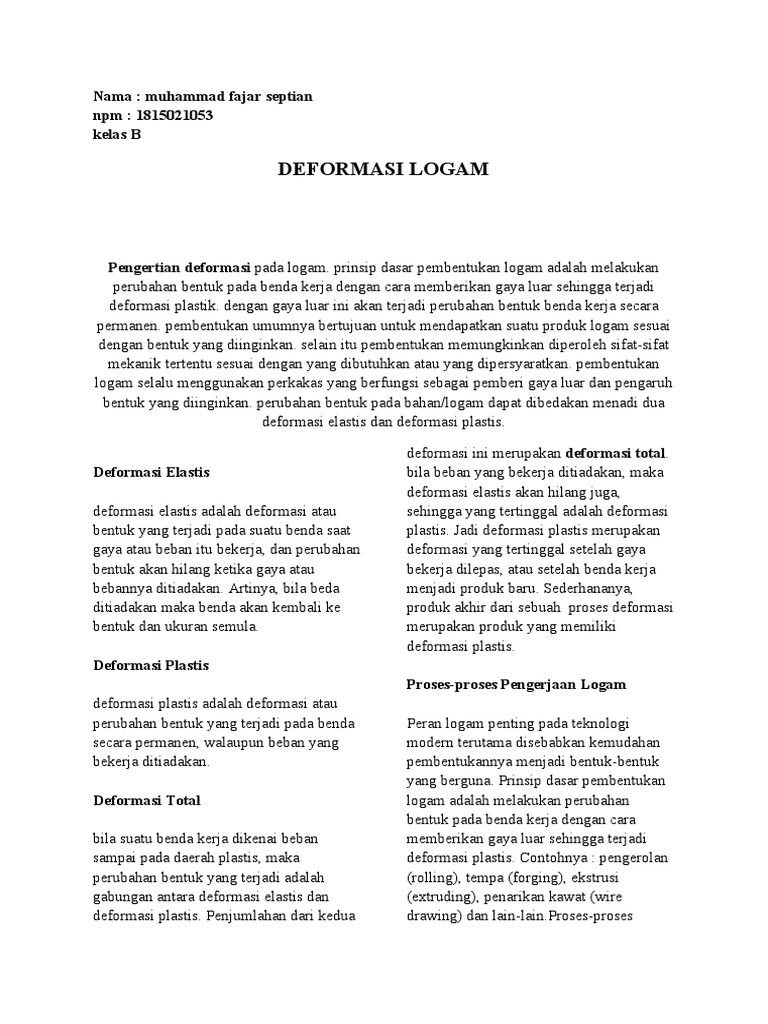Analisis Deformasi Logam dan Proses Pembentukannya | PDF