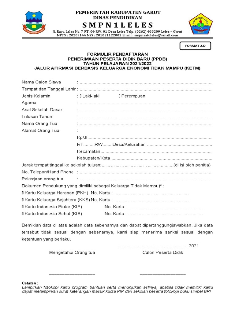 Form Daftar PPDB Afirmasi (Ketm) | PDF