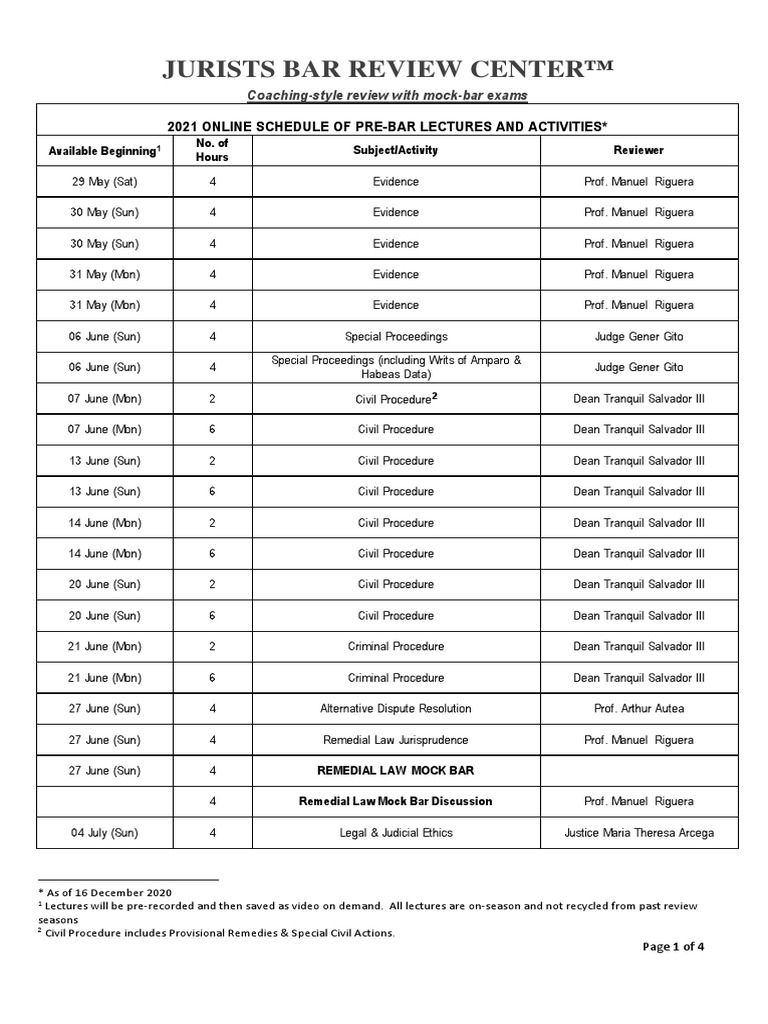 Jurists Bar Review Center: 2021 Online Schedule of Pre-Bar Lectures and ...