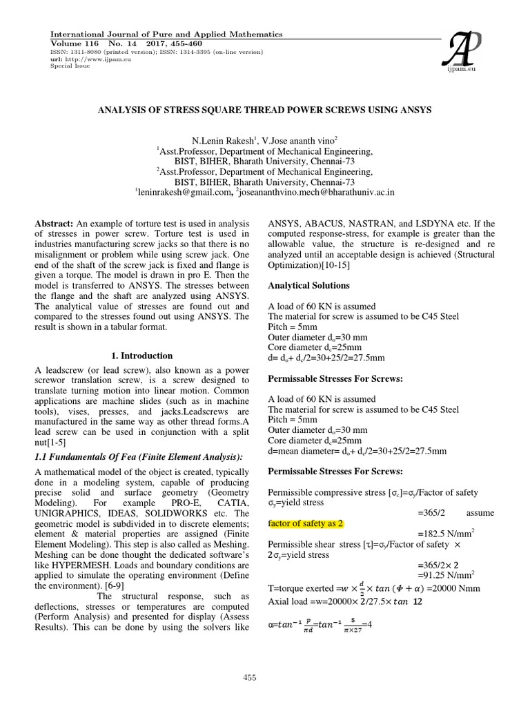 Analysis of Stress Square Thread Power Screws Using Ansys | PDF ...