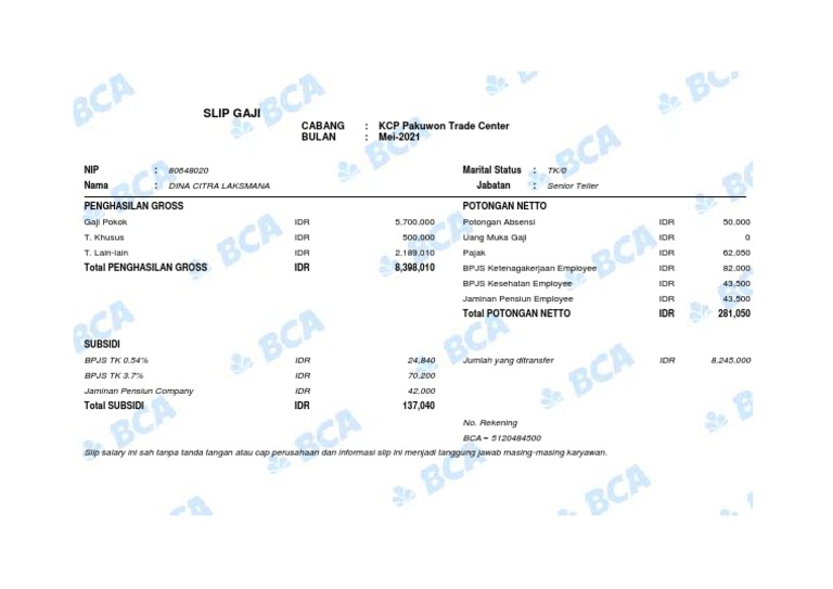 SLIP GAJI Bank BCA | PDF