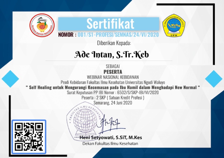 E-Sertifikat Webinar Kebidanan UNW - Ade Intan, S.TR - Keb | PDF