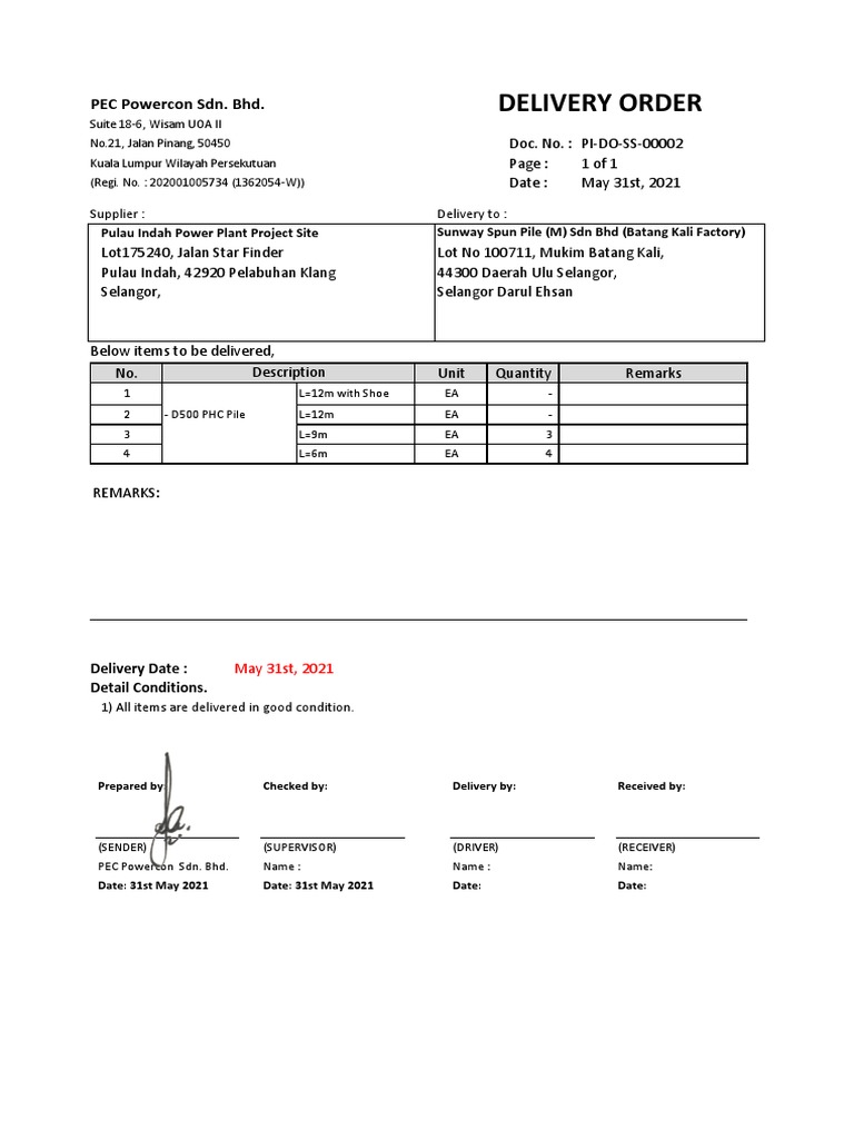 Delivery Order: PEC Powercon Sdn. BHD | PDF