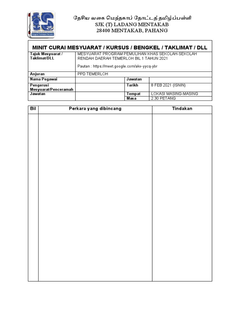 Template Minit Curai Mesyuarat 2021 | PDF