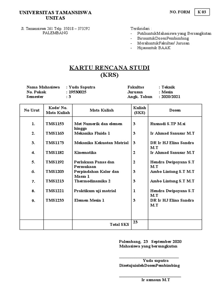 Kartu Rencana Studi (KRS) : Universitas Tamansiswa Unitas | PDF