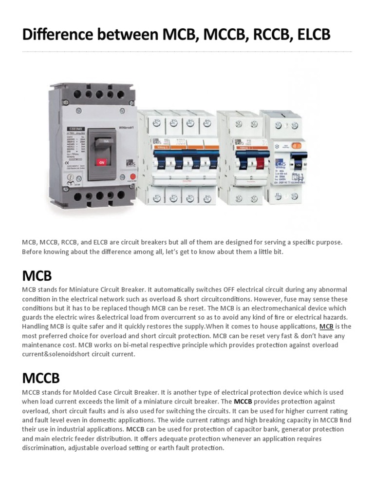 MCB, MCCB, RCCB, ELCB Differences Explained | PDF | Components ...
