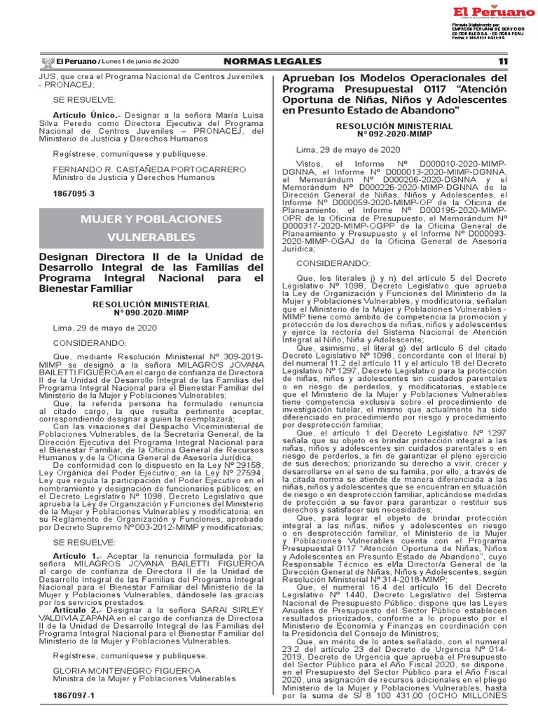 Norma Que Aprueba Los Modelos Operacionales Del Pp117-Resolucion Miniterial #092-2020-Mimp | PDF ...