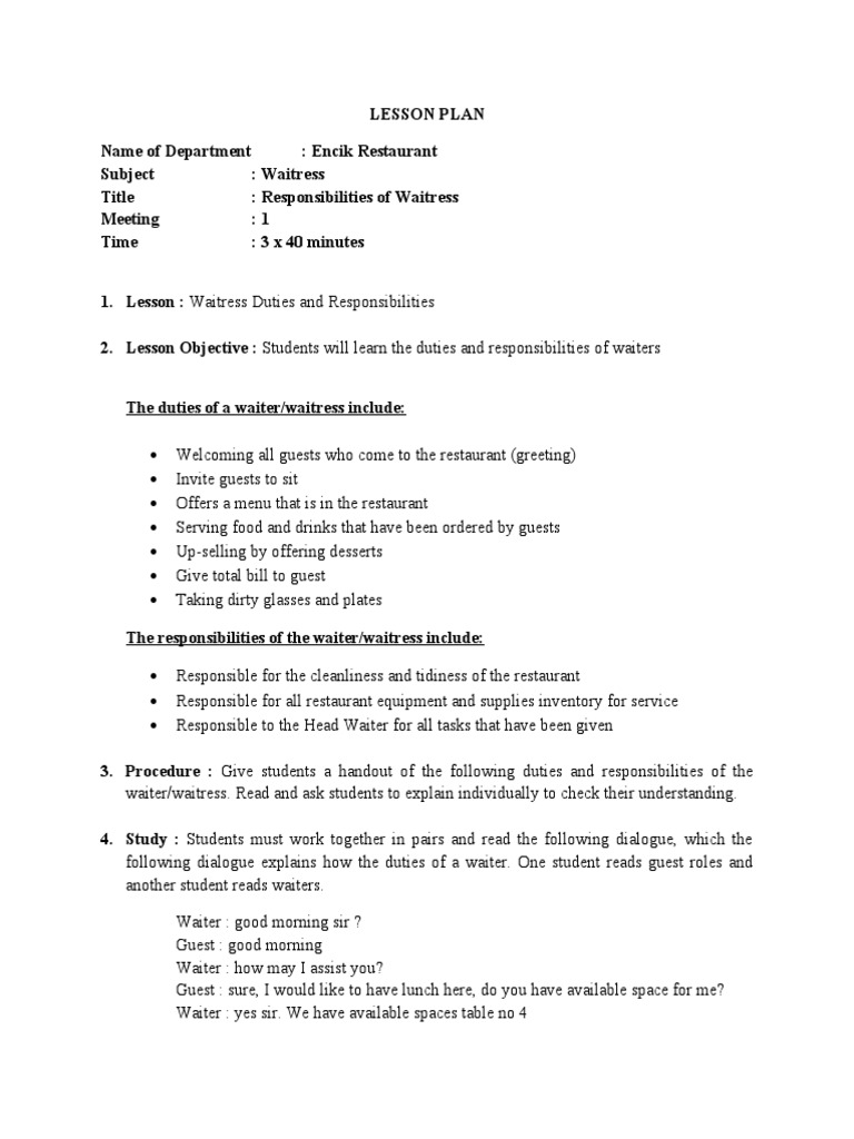 Lesson Plan | PDF | Waiting Staff | Restaurants