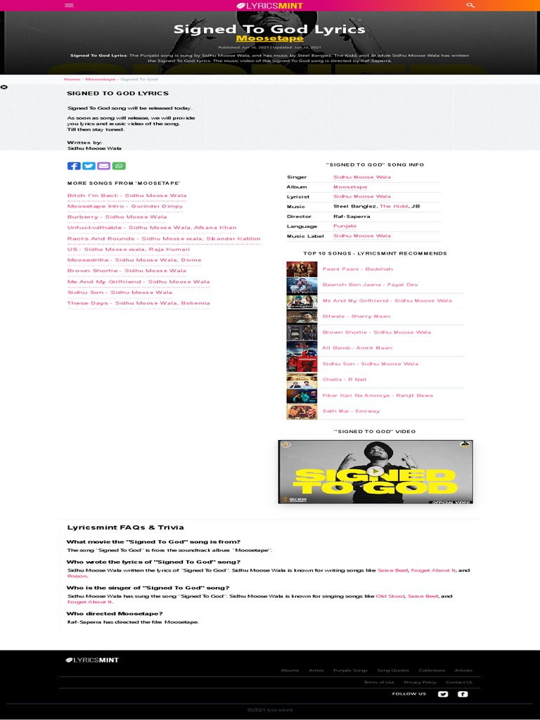 SIGNED TO GOD LYRICS - Sidhu Moose Wala - Moosetape | PDF ...